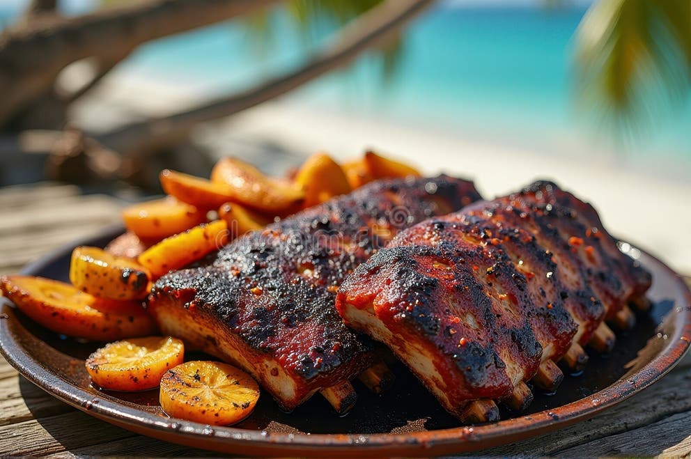 Succulent Barbecue Ribs and Grilled Peaches by the Beach Stock Photo ...