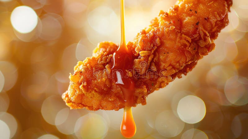 Succulent Chicken Finger Dripping with Sauce Suspended in Mid-Air Stock ...