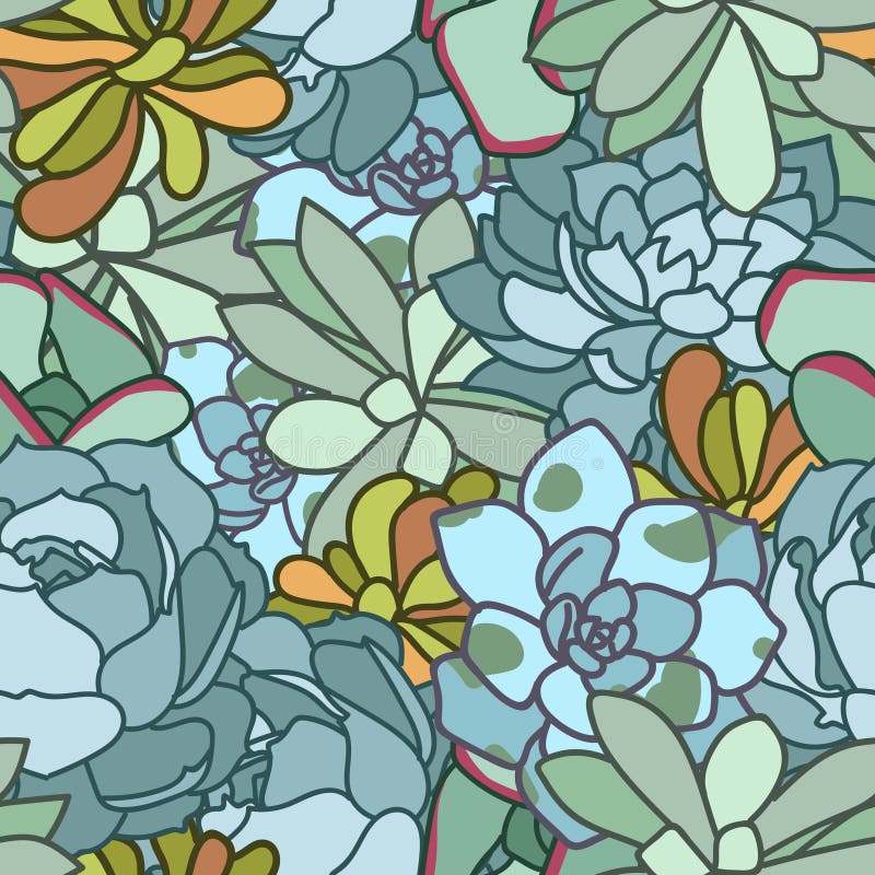 Succulent Flower Seamless Pattern Hand Drawn Vector Illustration, Flat ...