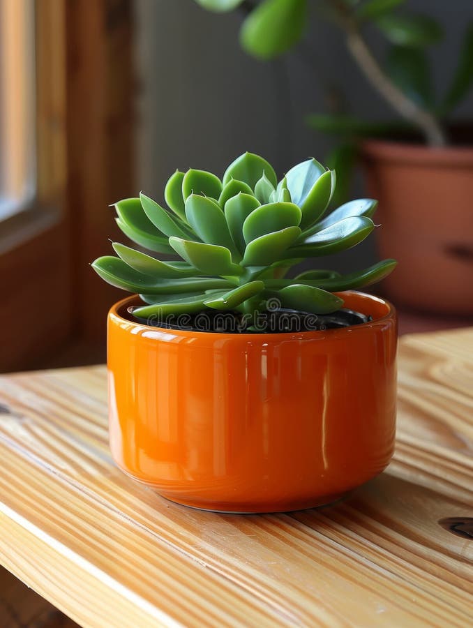 Succulent Plant Orange Pot Wooden Surface Stock Photos - Free & Royalty ...