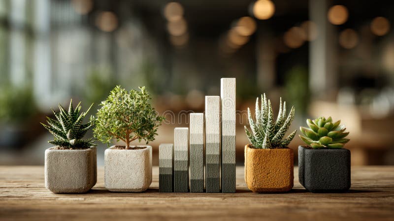 Succulent Plants in Small Square Pots with Wooden Bar Chart on Rustic Table in Cozy Office Space ...