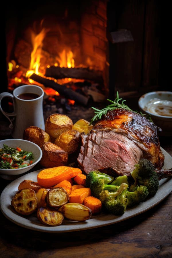 A Succulent Roast with Vegetables, Served beside a Cozy, Warm Fireplace ...