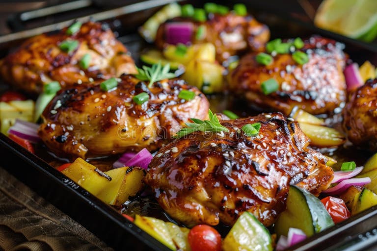 Succulent Roasted Chicken with Vegetables on Baking Tray Stock Image ...