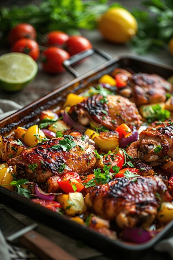 Succulent Roasted Chicken with Vegetables on Baking Tray Stock Image ...