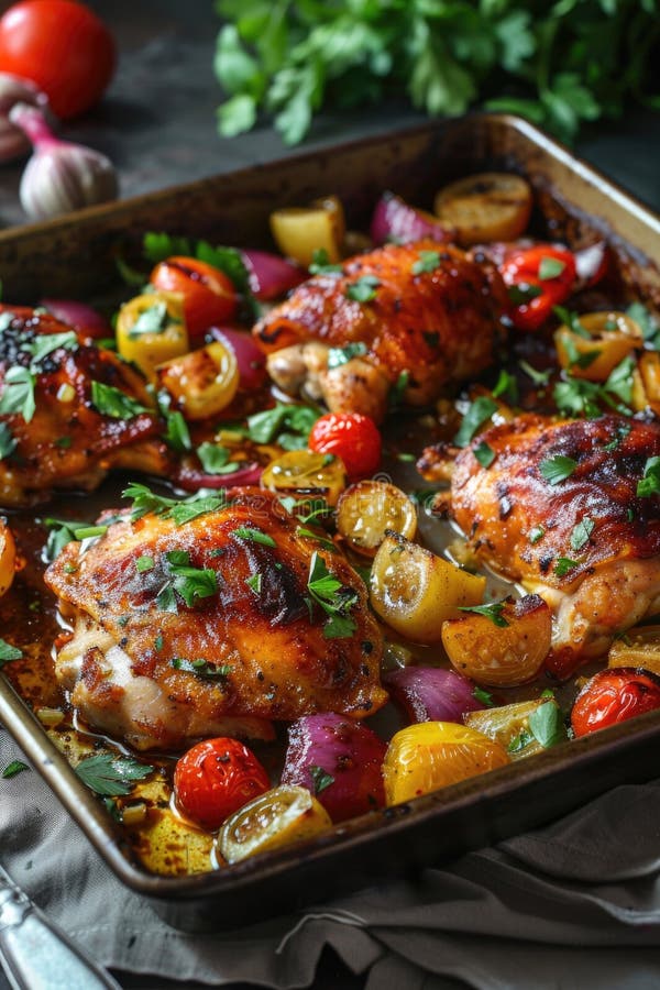 Succulent Roasted Chicken with Vegetables on Baking Tray Stock Photo ...