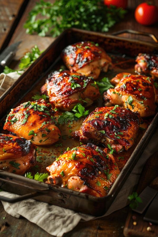 Succulent Roasted Chicken with Vegetables on Baking Tray Stock Image ...