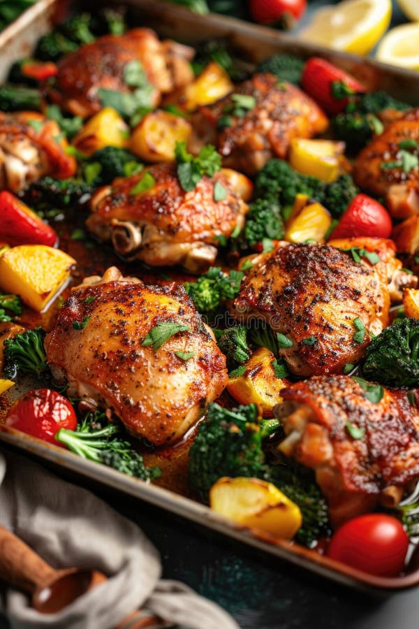 Succulent Roasted Chicken with Vegetables on Baking Tray Stock Image ...