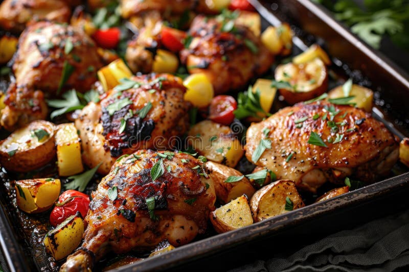 Succulent Roasted Chicken with Vegetables on Baking Tray Stock Photo ...