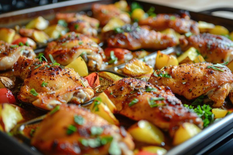 Succulent Roasted Chicken with Vegetables on Baking Tray Stock Image ...