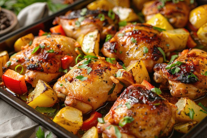 Succulent Roasted Chicken with Vegetables on Baking Tray Stock Image ...