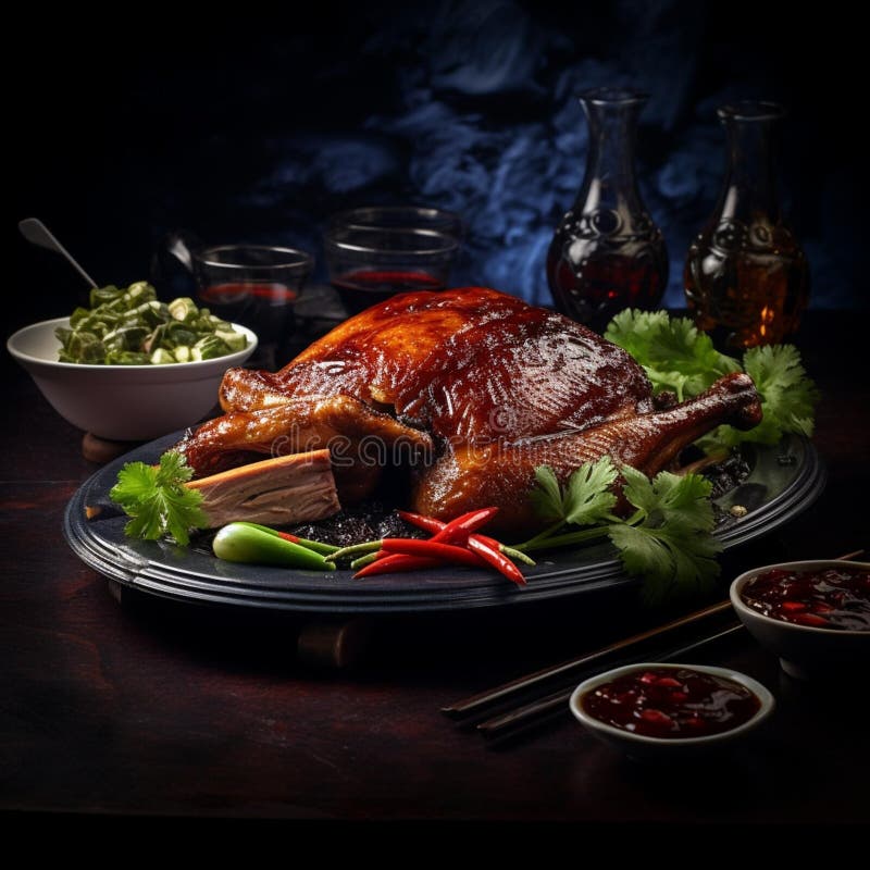 Succulent Roasted Duck on a Plate and Accompanied by an Array of Side ...