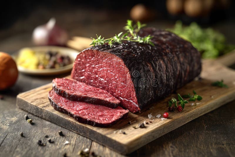 Succulent Sliced Beef Resting on a Wooden Board with Fresh Herbs and ...