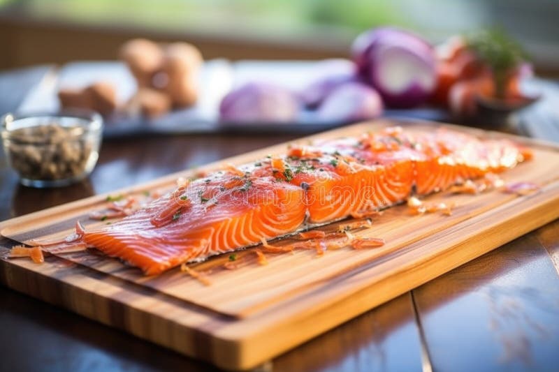 Succulent Smoked Salmon on Cedar Plank on Kitchen Table Stock ...