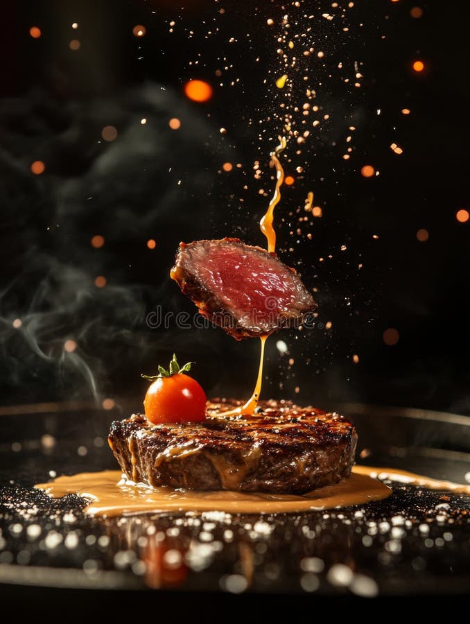 Delectable Steak with Cherry Tomato and Splashes of Sauce in Dynamic ...