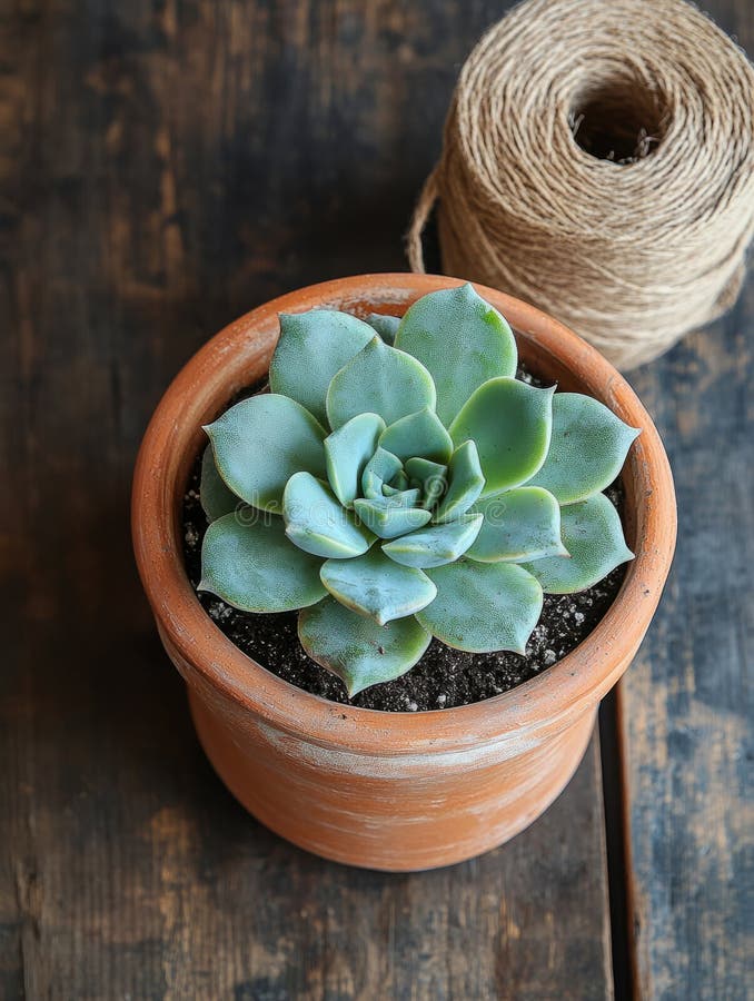 Succulent in Terracotta Pot on Rustic Wooden Surface. Stock Photo ...