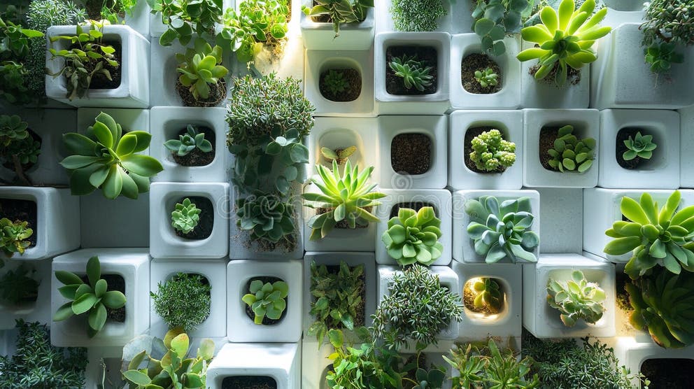 Succulent Wall, Ceramic Planters, Minimal Grid Pattern, Soft Ambient ...