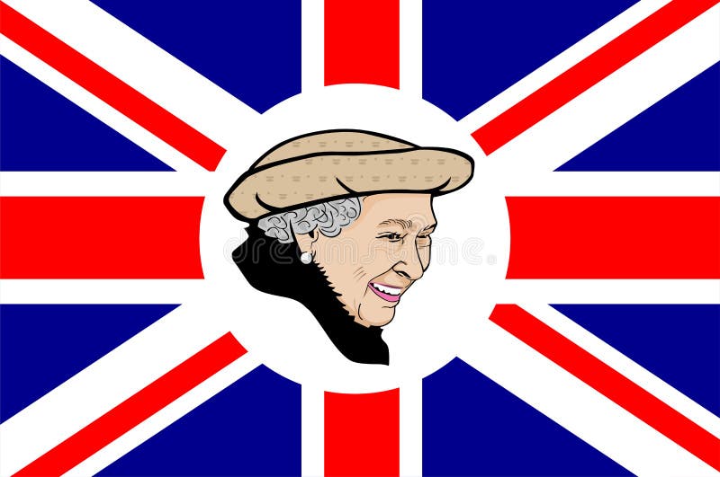 Queen Elizabeth Face Portrait with British United Kingdom Emblem Flag ...