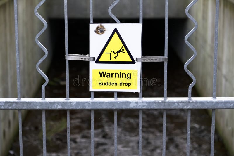 Warning Drop Off Sign Near Cliff By Waters Edge Stock Photo - Image of ...