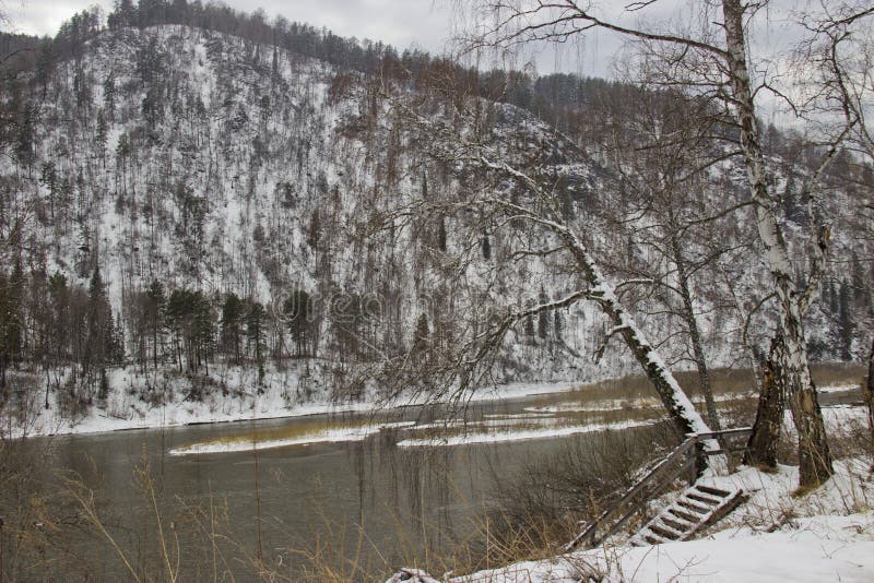 Snow Covered the Embankment of the River Stock Photo - Image of mount ...