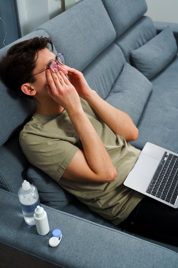 Suffering from Eyesight Problem after Working with Computer. Tired Man ...