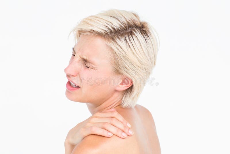 Suffering Woman Touching Her Shoulder Stock Image - Image of painful ...