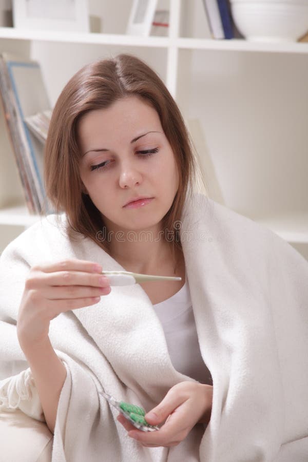 Woman with Thermometer Sick Colds, Flu, Fever in Bed Stock Photo ...