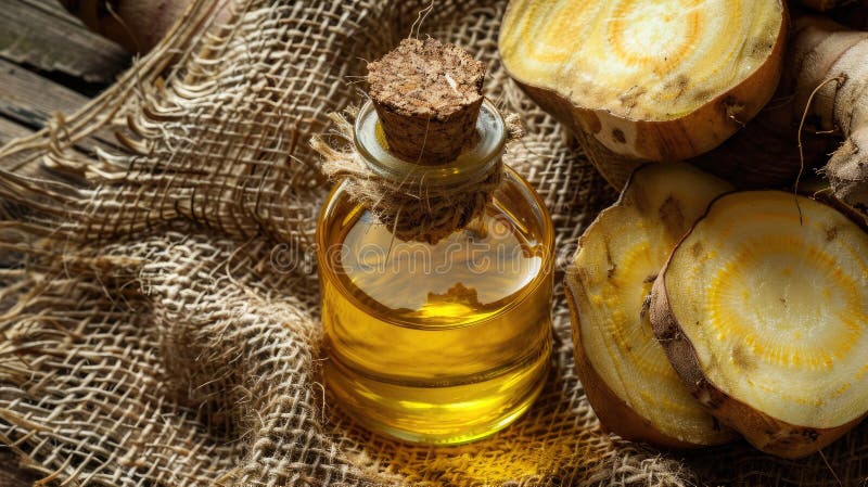 Sugar Beet Essential Oil on the Background of Burlap Top View Stock ...