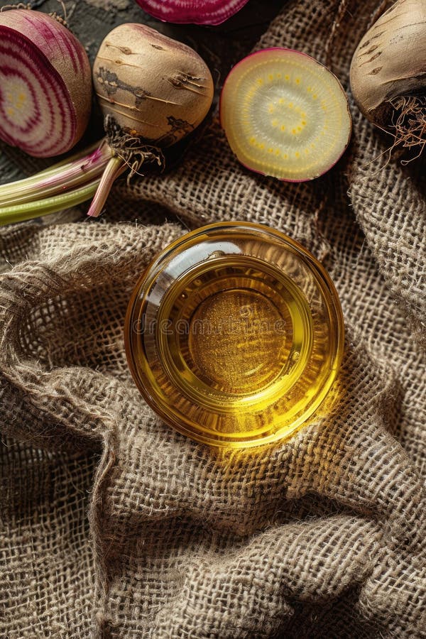 Sugar Beet Essential Oil on the Background of Burlap Top View Stock ...
