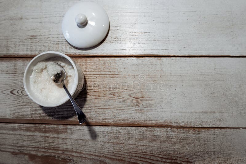 Sugar Bowl on Wooden Table Top View Stock Photo - Image of spoon, open ...