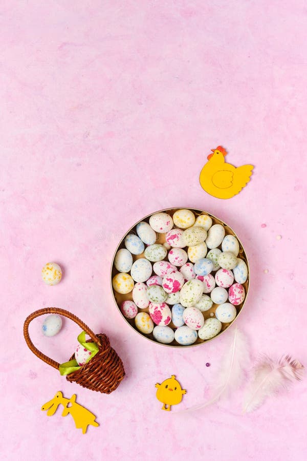 Sugar Candy in the Form of Bird Eggs in a Round Tin Box on a Pink ...