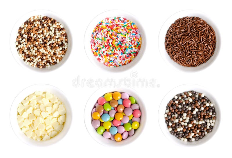 Sugar and Chocolate Sprinkles, Decoration and Toppings, in White Bowls ...
