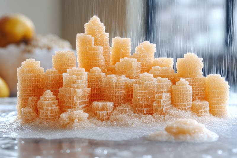 A Sugar City is Crafted on a Reflective Surface with Rain Stock Image ...