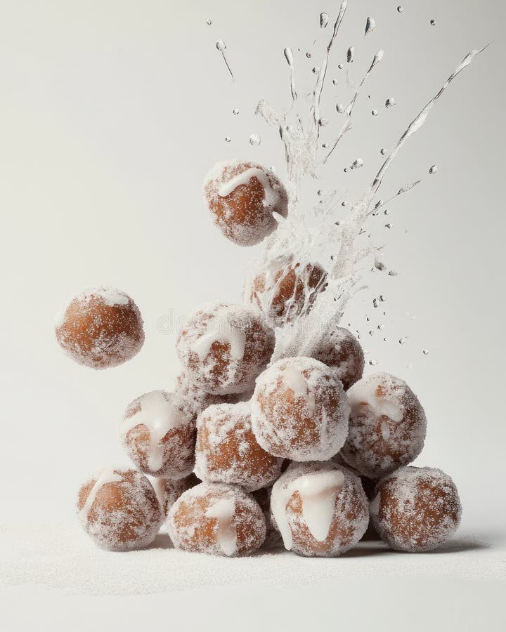 Sugar-Coated Donut Holes with Milk Splash Stock Illustration ...