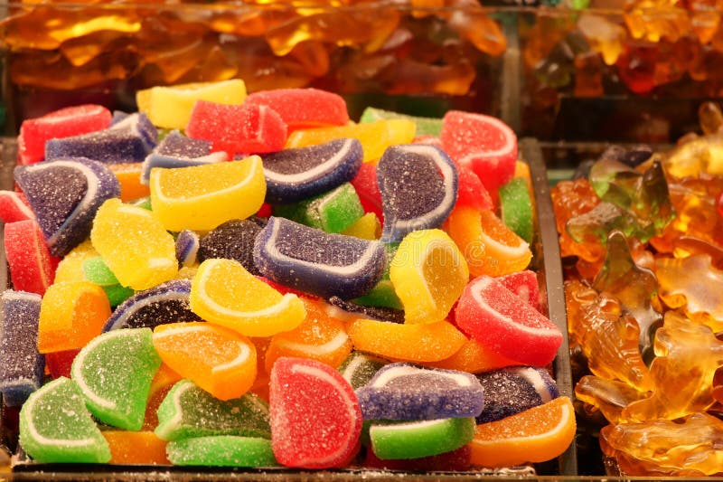 Sugar Coated Jelly Beans in the Form of Colored Sliced Fruit Stock ...