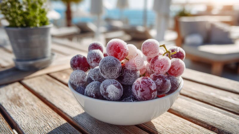 Sugar Coated Red Grapes in White Bowl on Wooden Beach Table Stock Photo ...