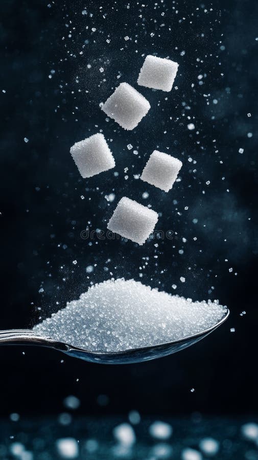 Sugar Cubes Falling on Spoon with Granulated Sugar on Dark Background ...