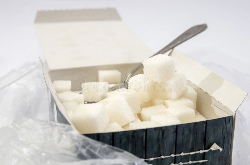 Sugar Cubes with a Spoon in a Box on White. Stock Image - Image of ...
