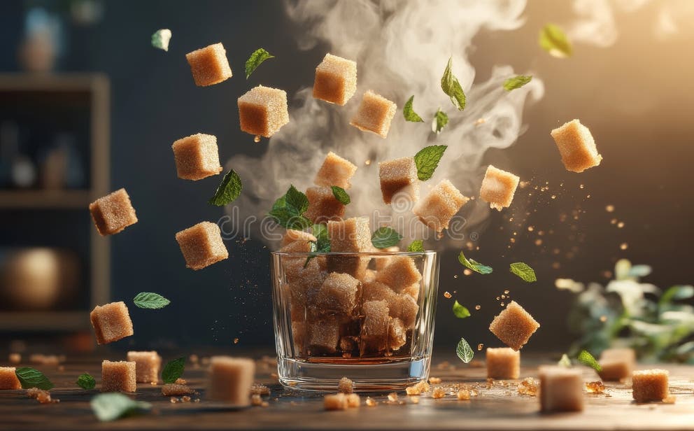 Sugar and Ice Cubes Falling into a Whiskey Glass Stock Photo - Image of ...