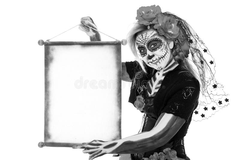 Sugar Skull with Scroll in Black and White Stock Image - Image of ...