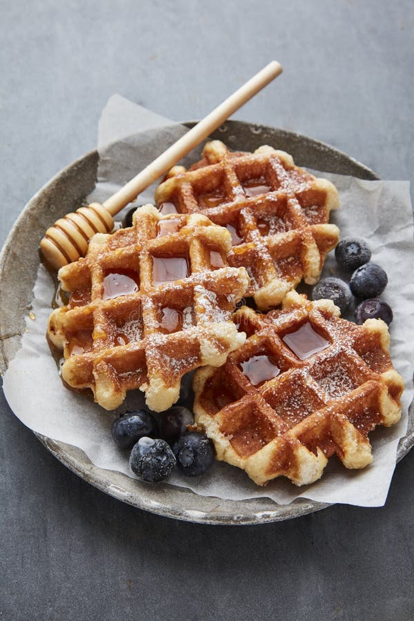 Sugar Waffles with Blueberries and Honey Stock Photo - Image of sweet ...