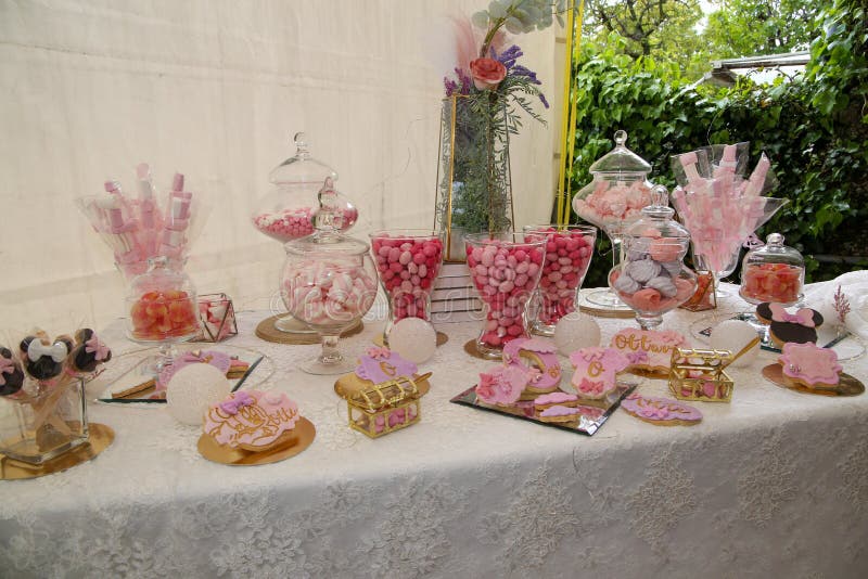 Sugared Almonds and Sweets for Baptism Table Set Stock Photo - Image of ...