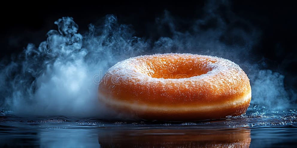 Sugared Donut Surrounded by Smoke Effect Resting on Reflective Dark ...