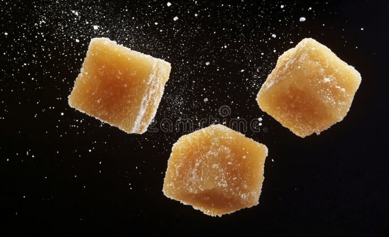 Sugared Fruit Cubes Floating on Black Background with Sugar Particles ...