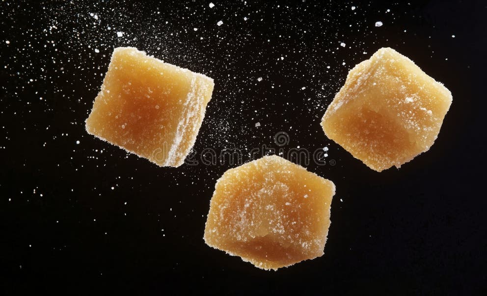 Sugared Fruit Cubes Floating on Black Background with Sugar Particles ...