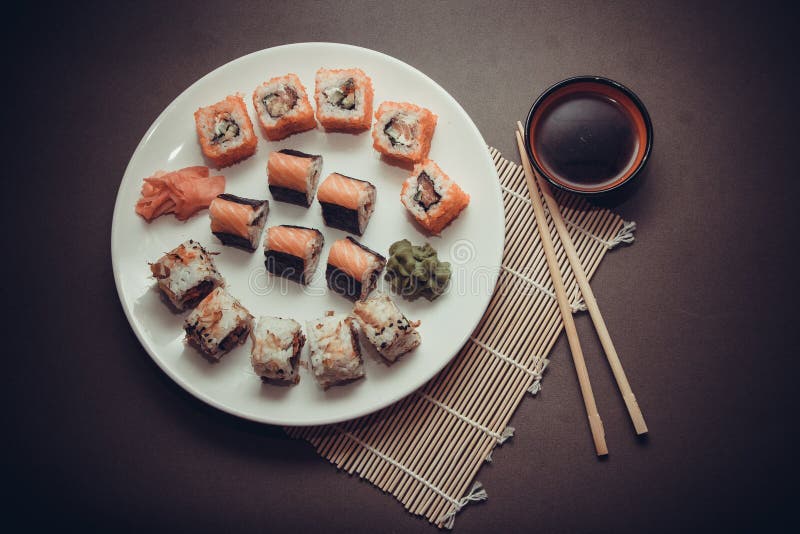 Suhi Set on Grey Background Stock Photo - Image of diet, green: 63558294