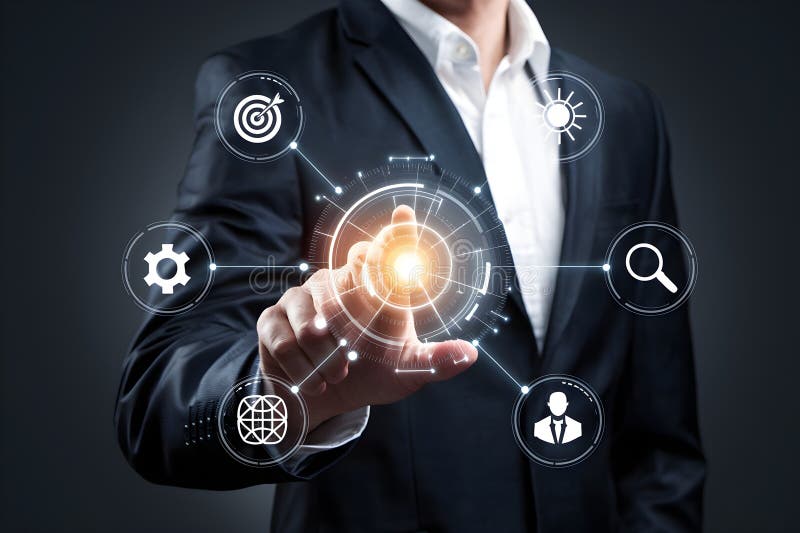 Suit Clad Man Points at Glowing Interface, Symbolizing Goals and ...