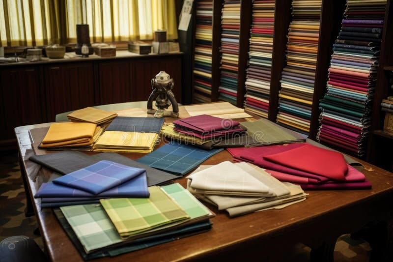 Suit Fabric Samples Displayed on Tailors Table Stock Illustration ...