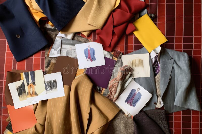 Suit Patterns and Fabrics Laid Out Stock Illustration - Illustration of ...