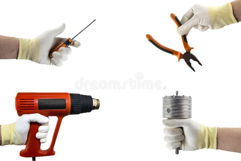 Different Construction Tools in the Hands in Gloves. on White ...