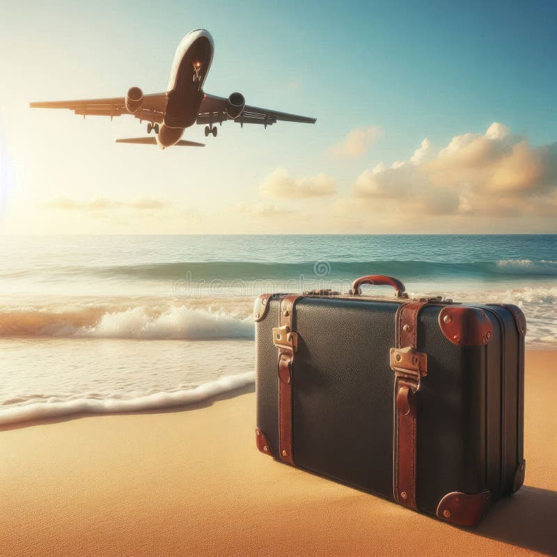 Suitcase on the Beach with a Plane in the Sky. Stock Photo - Image of ...
